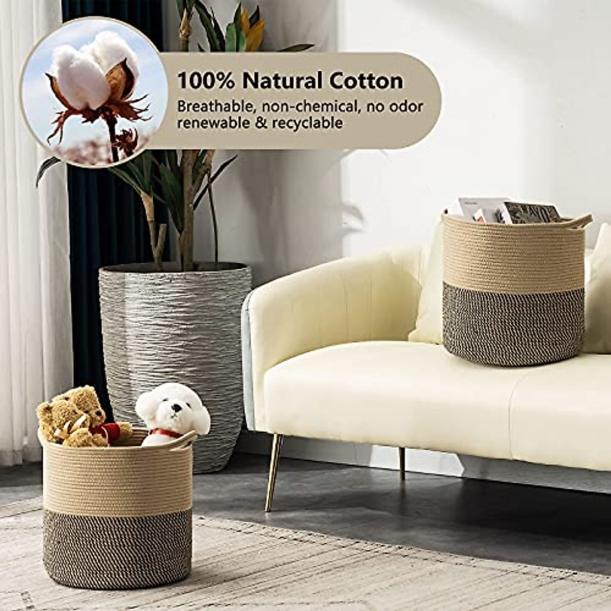 YOUDENOVA Cotton Rope Cube Storage Baskets, 13x13 Round Woven Baskets 4 Pack, Grey & Black Bundles