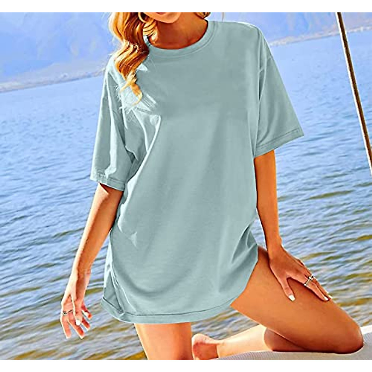 SAFRISIOR Women Oversized Casual Sunset Letter Print Graphic T-Shirt Crewneck Short Sleeve Longline Loose Tee Shirt Top