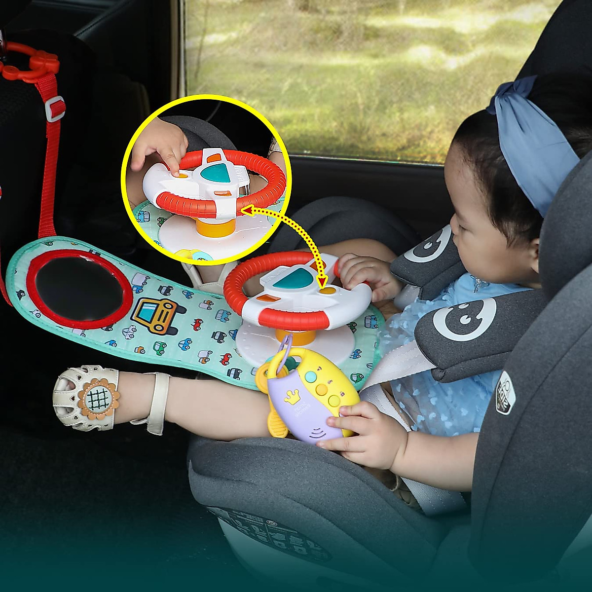 Chibon Baby Car Seat Toys for Infants with Mirror & Toy Keys for Toddlers and Babies, Carseat Toys Steering Wheel with Music Lights and Driving Sounds, Toddler Keys for Car Remote with Car Sounds