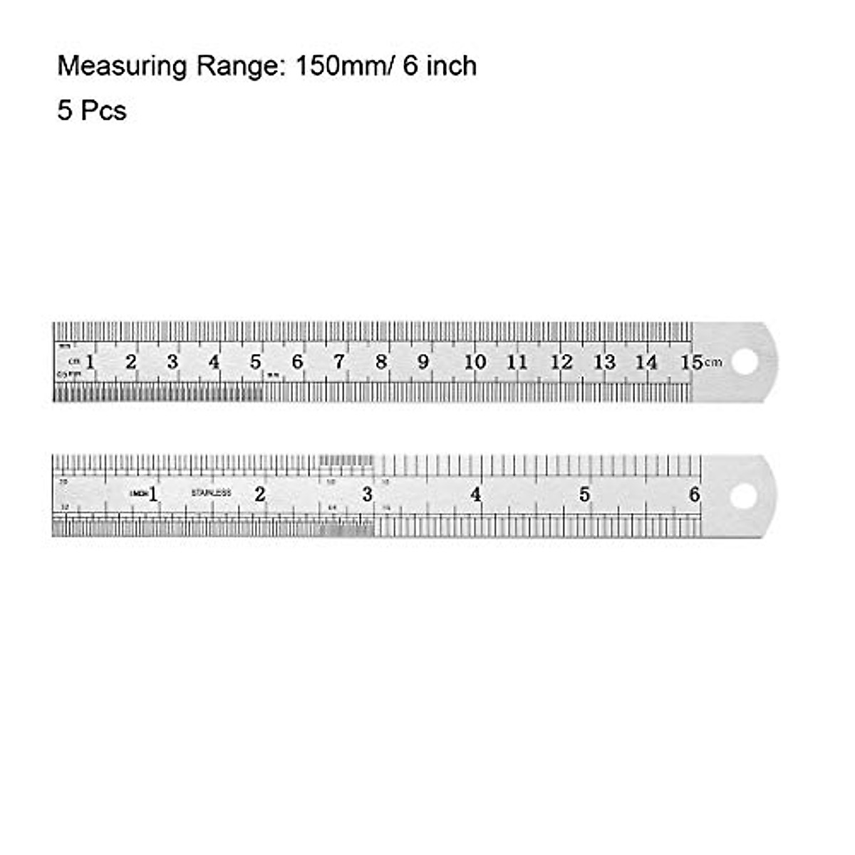 uxcell Straight Ruler 150mm 6 Inch Metric Stainless Steel Measuring Ruler Tool with Hanging Hole Inch & Centimeters Precision Drawing Ruler 5pcs