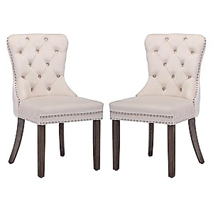 KCC Velvet Dining Chairs Set of 2 (Renewed), Upholstered High-end Tufted Dining Room Chair with Nailhead Back Ring Pull Trim Solid Wood Legs, Nikki Collection Modern Style for Kitchen, Beige
