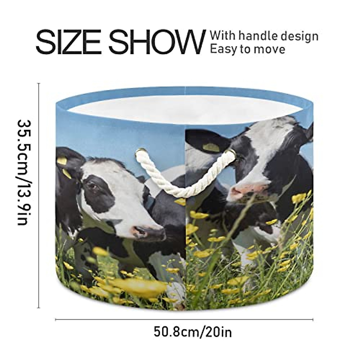 Kigai Black White Cows Round Storage Basket, Toy Basket Bin with Cotton Rope Handle, Laundry Basket Hamper, Clothes Organizer 20 x 14 In