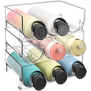 Puricon Plastic Water Bottle Organizer Rack, Stackable Bin Holder for Insulated Tumbler Sports Flask Bottles Kids Water Bottle Travel Mug for Kitchen Cabinets Countertop Holds 9 Bottles, 3-Tier