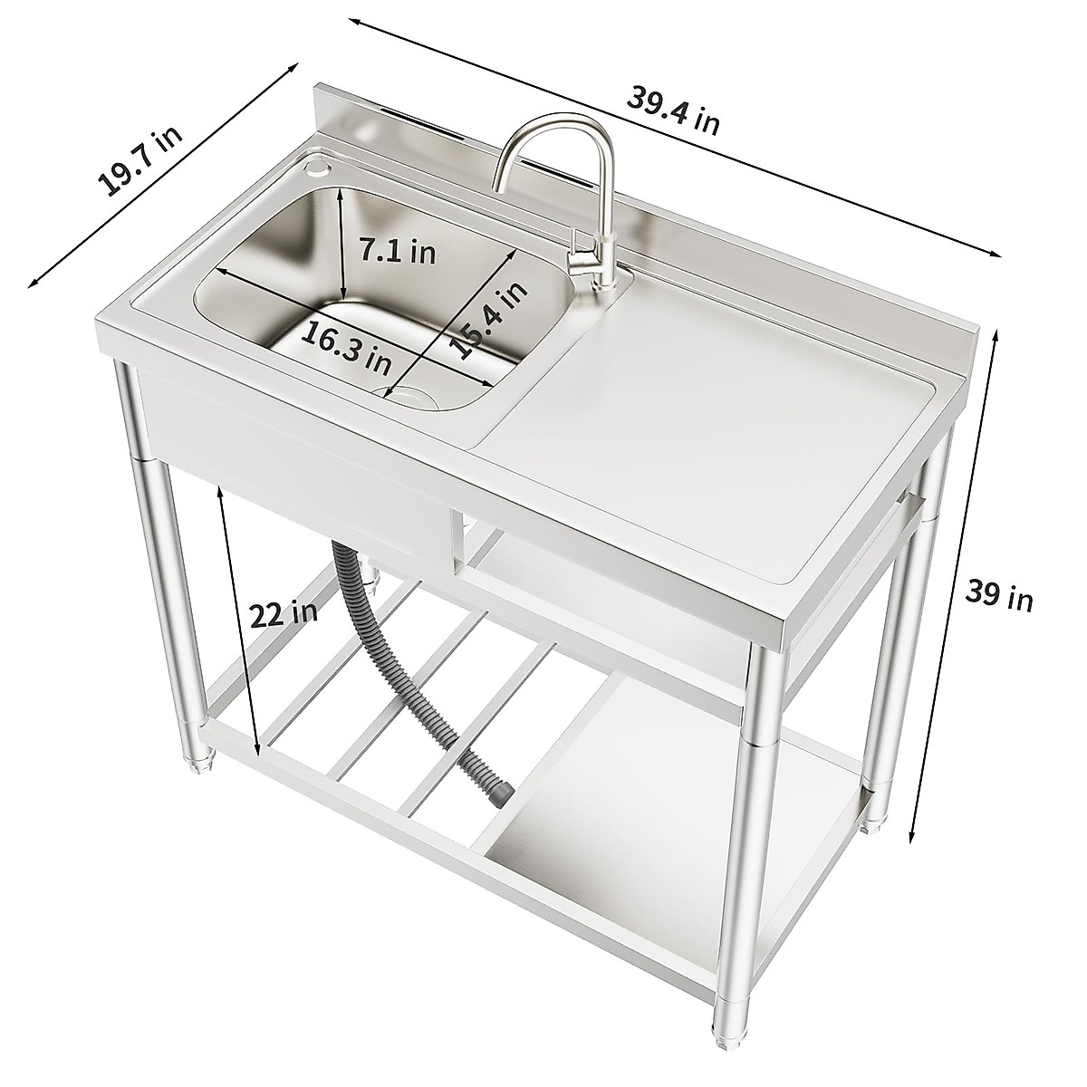 ROOMTEC 304 Stainless Steel Single Bowl Utility Sink Set, Commercial Restaurant Kitchen Sink, Outdoor Sink with Workbench & Storage Shelve with Hot and Cold Water Pipes (39 in (Left bowl))