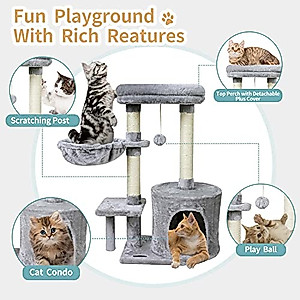 KIYUMI Cat Tree Cat Tower Condo with Sisal Scratching Post for Indoor Cats Cat Tree Cat Furniture with Hammock Perch and Kitten Ball Toys, Multi-Level Pet Activity Center