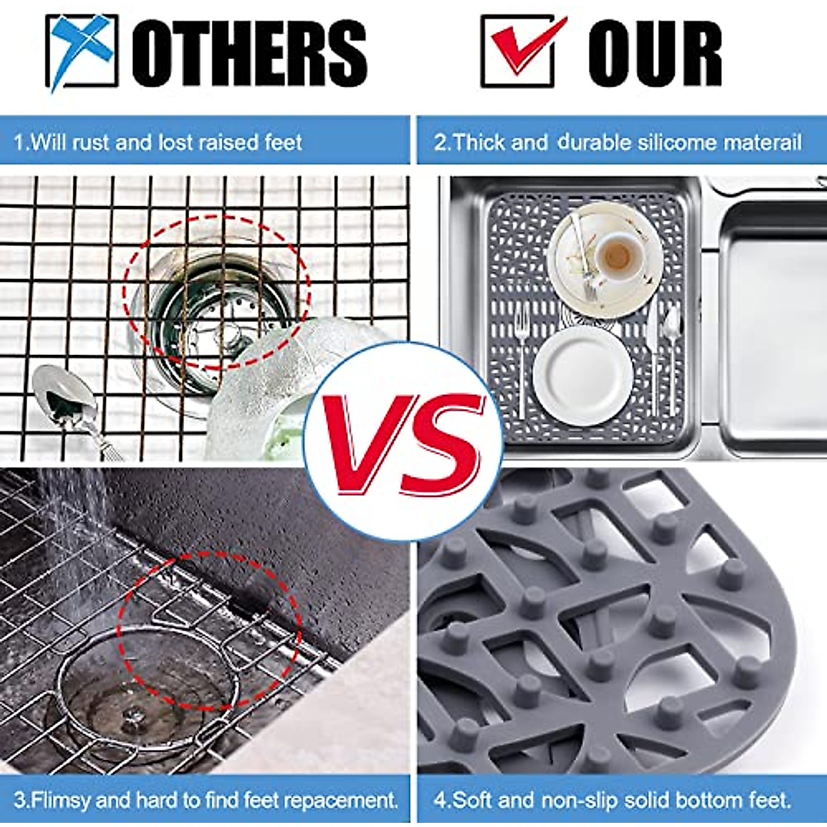 JUSTOGO Sink Protectors for Kitchen Sink,Silicone Sink Mat Grid Accessory,1 PCS Non-slip Grey Sink Mats for Bottom of Kitchen Farmhouse Stainless Steel Porcelain Sink (16.25"x 13")