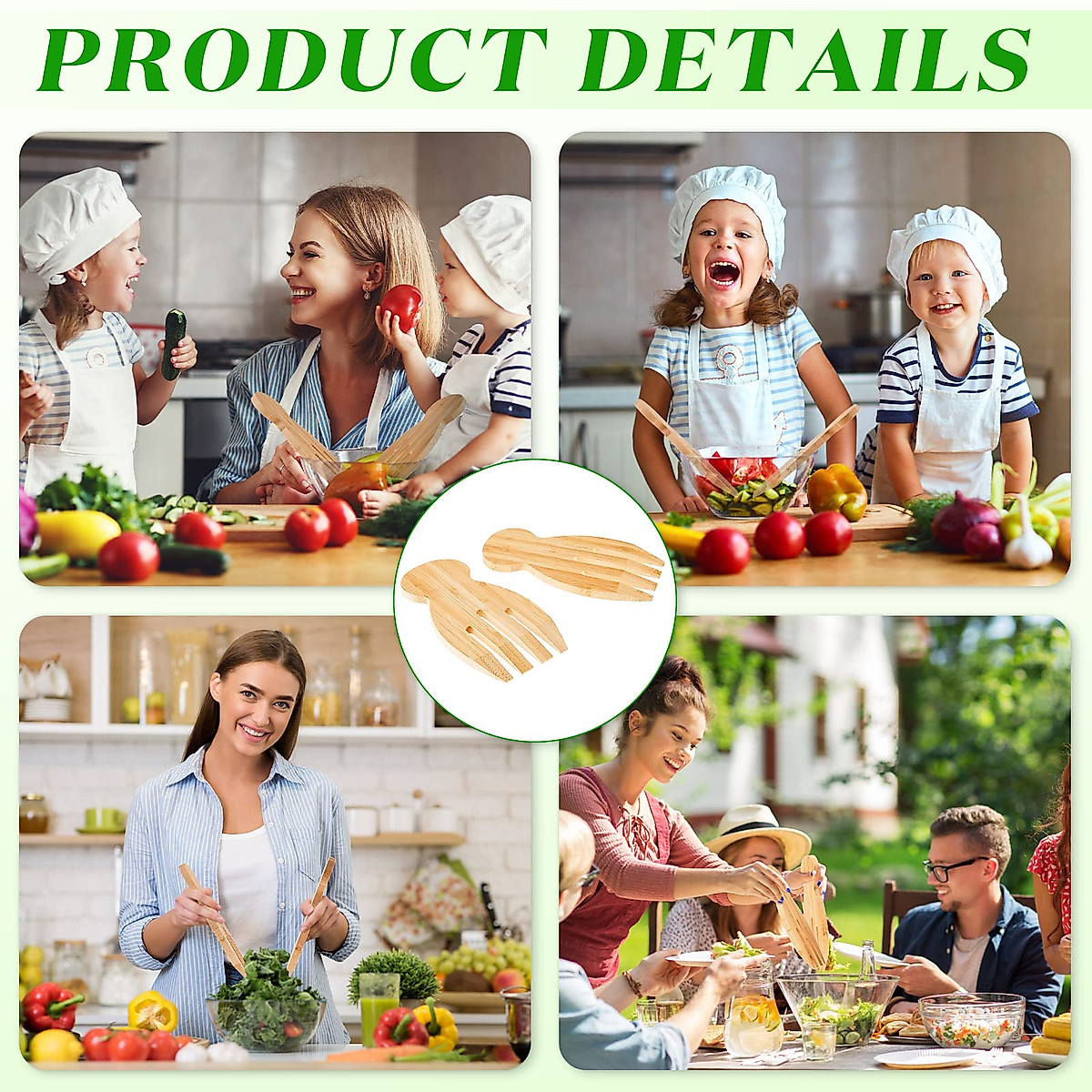 Yaomiao Set of 4 Bamboo Salad Hands Salad Servers Set Salad Serving Utensils, Burlywood Stylish Tool for Serving Salad, Pasta, Fruit, Kitchen Counter