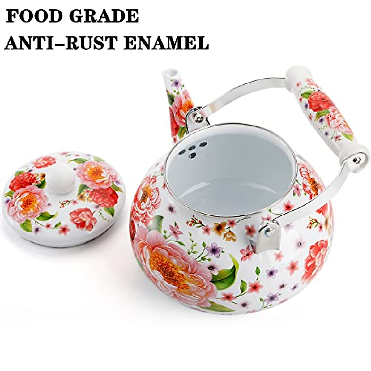DEAYOU 2.6 Quart Enamel Tea Kettle Stovetop, Large Porcelain Enameled Teakettle, 2.5L Vintage Tea Pot with Ceramic Cool Handle, Colorful Floral Steel Teapot for Hot Water, Retro Decor, No Whistling