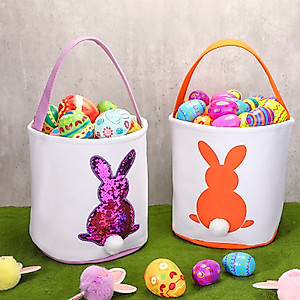 Jexine 12 Pcs Easter Bunny Basket Bags Bulk for Kids Gift Bucket Easter Eggs Hunt Basket with Handle Bunny Tote Bag Carry Bucket Rabbit Fluffy Tails Bags for Easter Party Decorations (Sequin Style)