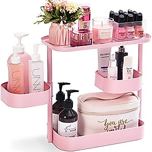 KINGRACK 3 Tier Bathroom Counter Organizer Rotatable, Metal Makeup Cosmetic Storage Holder, Standing Storage Rack, Vanity Trays Countertop Organizer for Perfume Skincare Supplies and Decor, Pink