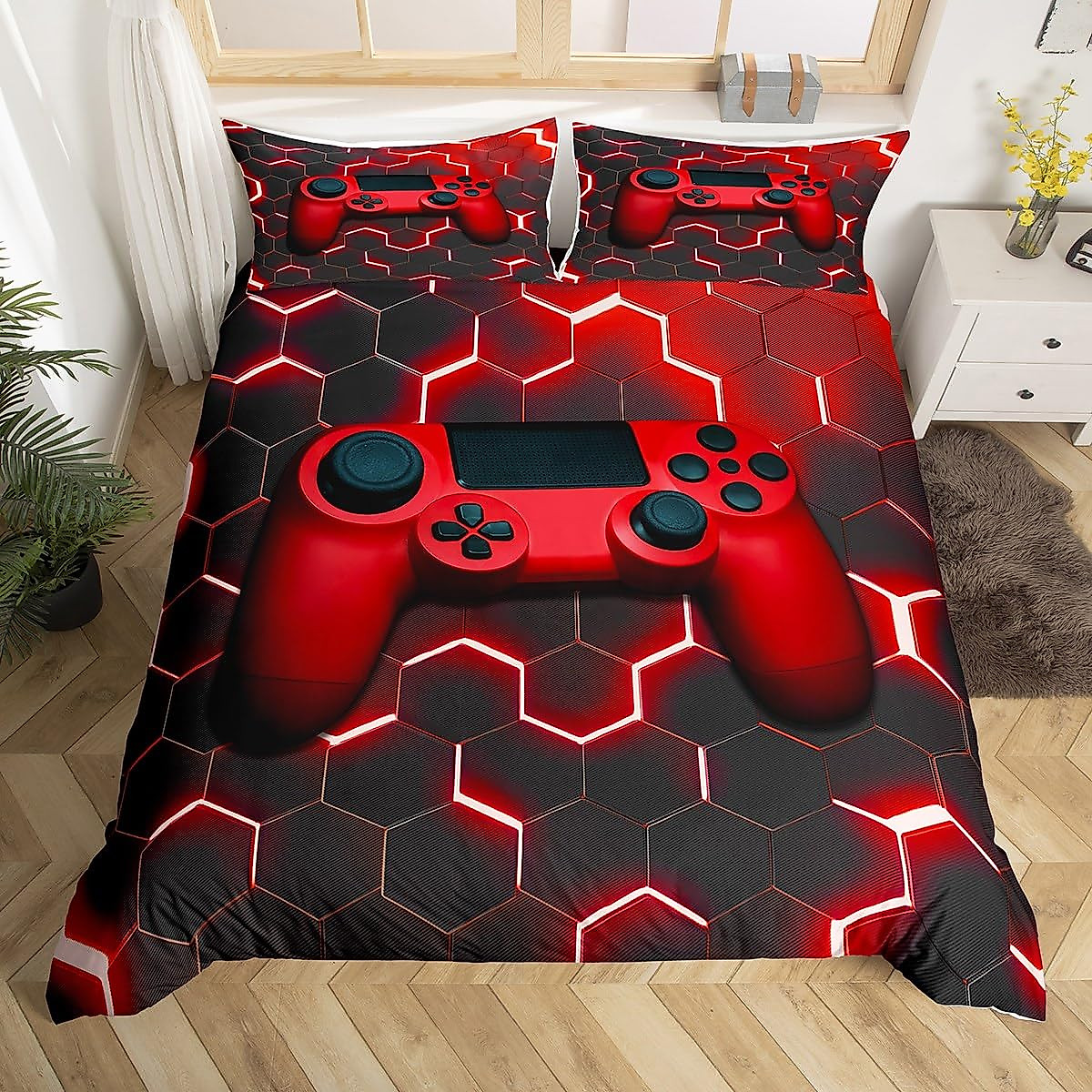 Erosebridal Full Size Boys Gamepad Comforter Cover,Modern Fashion Red Gaming Controller Printed Duvet Cover,Gamer Video Games Decorative 3 Piece Bedding Set with 2 Pillow Cases,Black