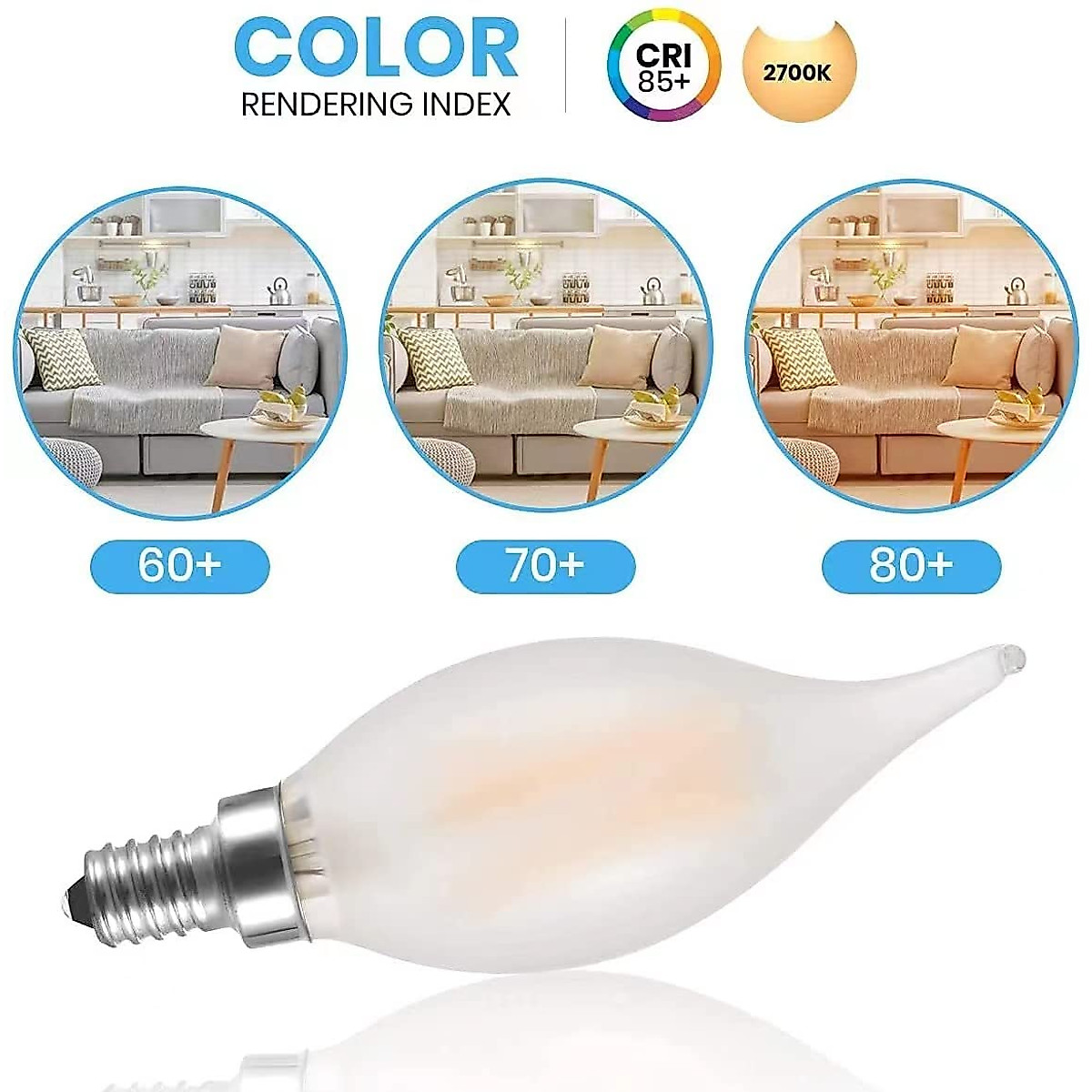 E12 LED Candelabra Bulb,4W Vintage Edison Style Light Bulbs, 40 Watt Equivalent,2700K Warm Soft White 400LM, Dimmable Candle Bulbs, C35 Frosted Glass Flame Shape Bent Tip（6pack）