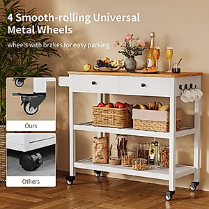 Gizoon Kitchen Island Cart on Wheels with 40'' Wood Tabletop, 2 Open Tiers Spacious Storage Shelves and Towel Rack, Rolling Utility Cart with 3 Side Hooks and 2 Drawer for Dining Room, Bar, White