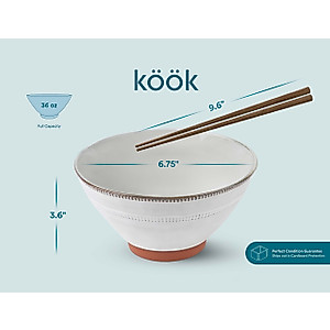 KooK Ramen Bowls, Terracotta Japanese, Microwavable, Dishwasher Safe, for Rice, Udon, Soba, Pho, 36 oz, with One Set of Wooden Chopsticks, Set of 2 (Cloudy White)