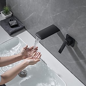 RANDOM Bathroom Single Handle Sink Faucet Matte Black Wall Mounted Waterfall Bathroom Faucet Bathroom Faucet Single Handle Sink Faucet Split Brass Handle Wall Mount 68008-2MB.
