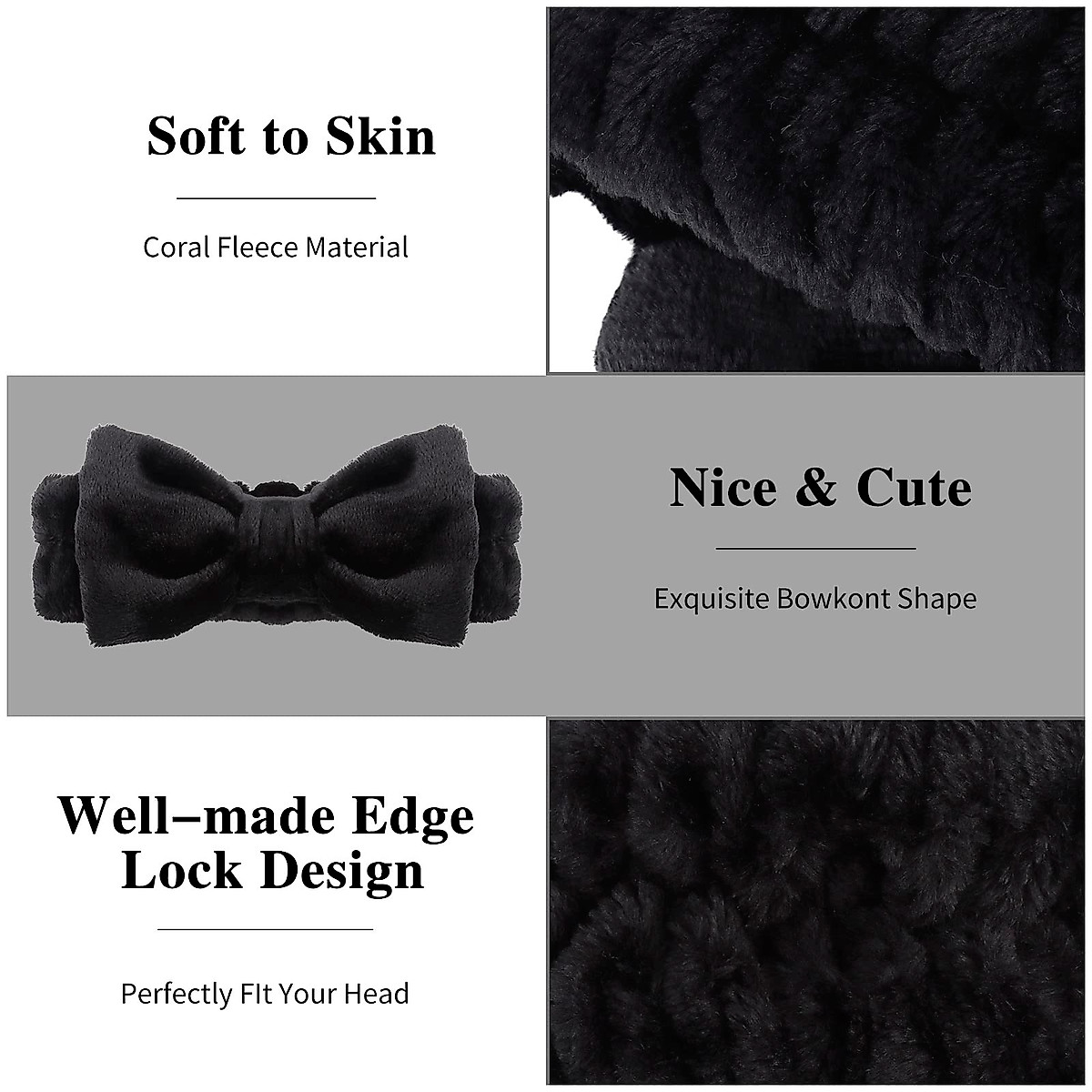 AMCAMI 6 PCS Spa Headband with Wrist Washband Face Wash Set, Makeup Headband and Wristband Towel Scrunchies for Washing Face, Skincare Headband Sleepover Party Supplies for Girls(Black)