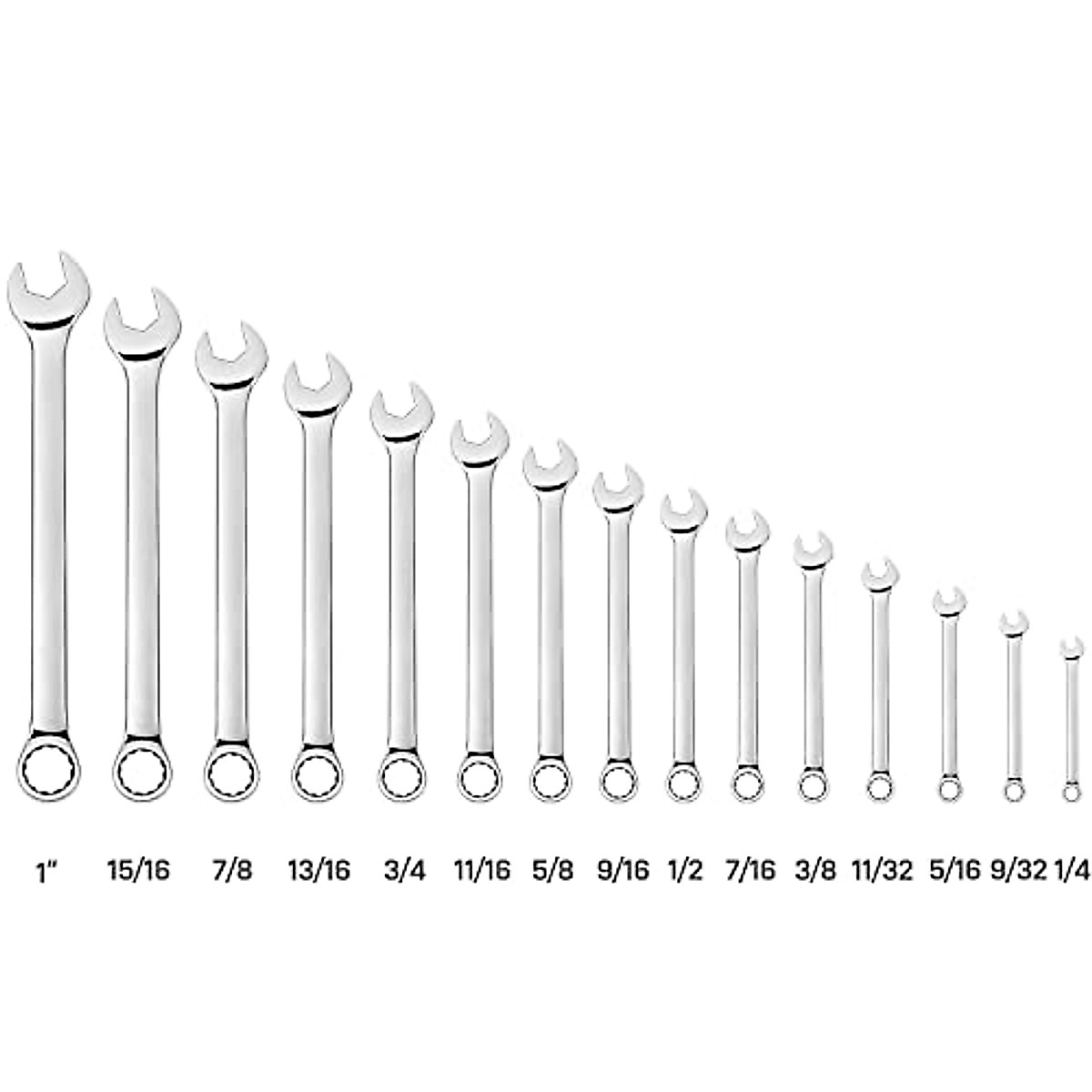 Max Torque 15-Piece Premium Combination Wrench Set, Complete SAE Inch Sizes from 1/4” to 1” with Rack Organizer | Cr-V Steel, Mirror Chrome Finish, Long Pattern, V-Groove Open End and 12-Point Box End