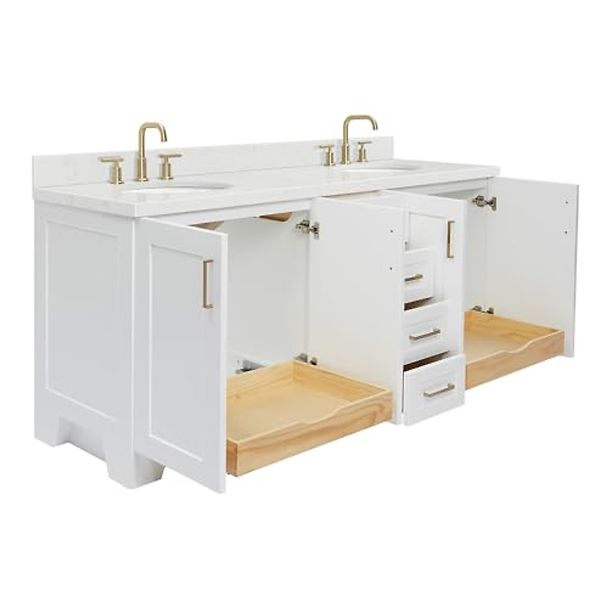 ARIEL Taylor 72" White Double Bathroom Vanity, 1.5" Edge Carrara Quartz Countertop & Splash, Oval Sinks, 4 Soft Closing Doors, 6 Full Extension Dovetail Drawers, Toe Kick, Satin Brass
