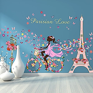 RW-9006 3D Flower Fairy Wall Decals Romance Paris Eiffel Tower Wall Stickers DIY Removable Girl Riding Bike Butterfly Floral Light Tower Decor for Girls Women Bedroom Living Room Nursery Decoration