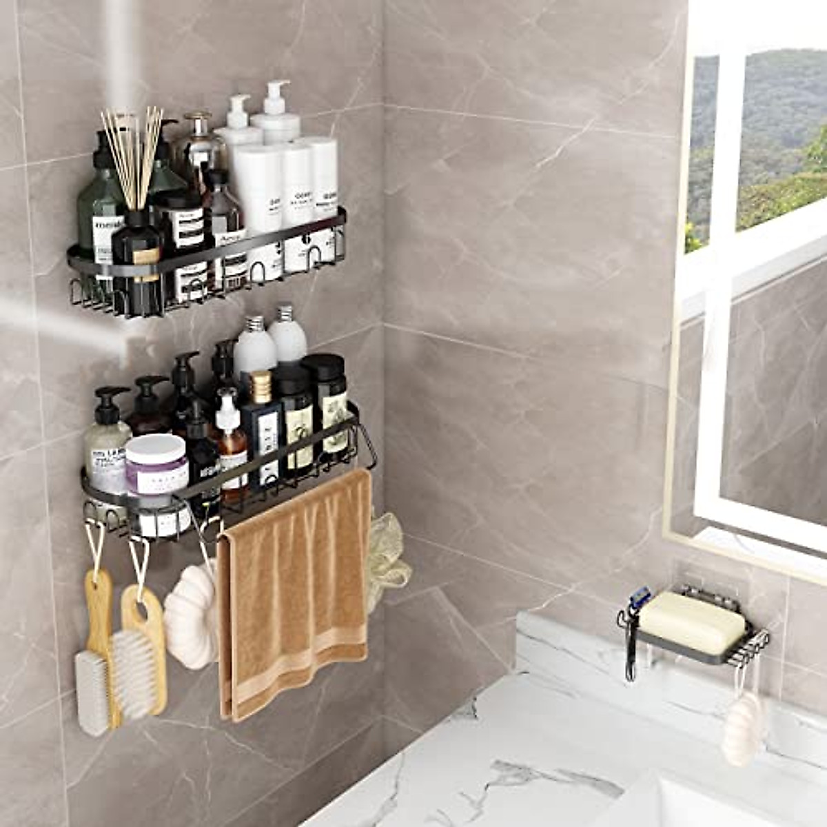 Dabuda 3 Pack Shower Caddy Bathroom Organizer with Hooks,Rustproof Wall Mount Shower Shelves with Soap Holder,No Drilling Stainless Steel Self-Adhesive Shower Storage Organizer for Bathroom