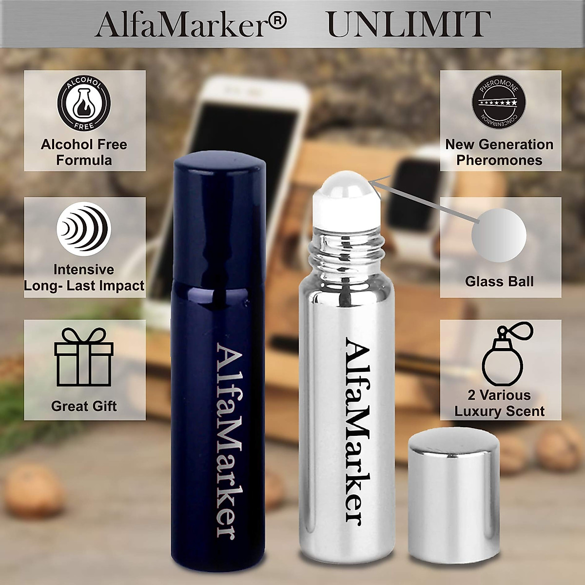 ALFAMARKER Unlimit - Pheromone Cologne for Men - Men`s Pheromone Oil Perfume Set 2x5 ml - Great Holiday Gift - Long-Lasting Scent