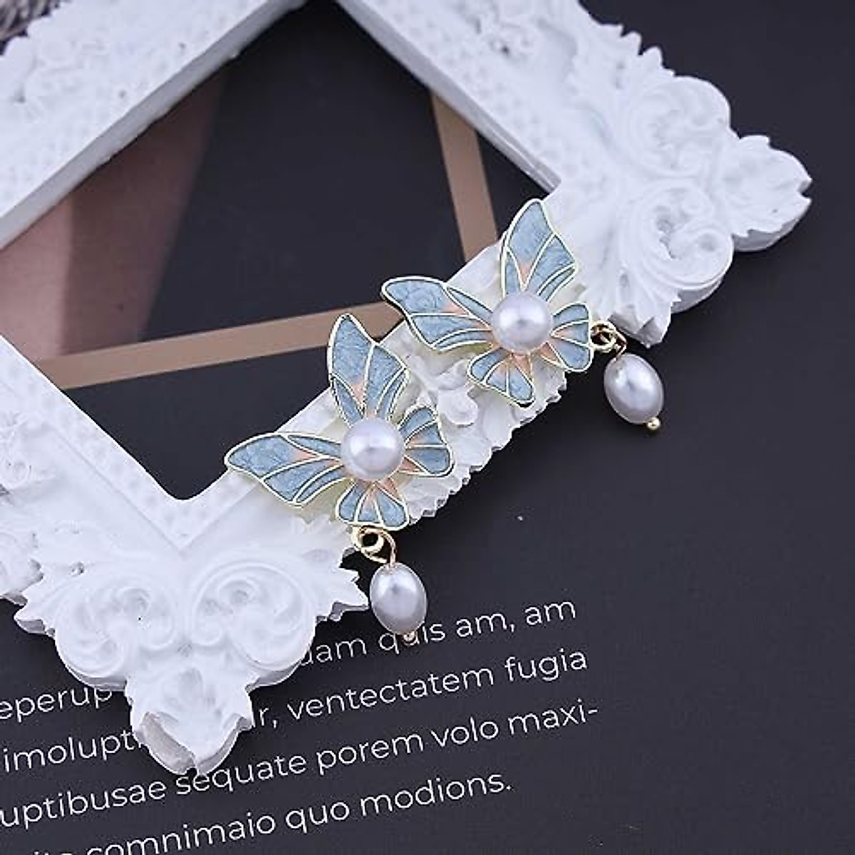 Sttiafay Boho Acrylic Butterfly Pearl Drop Earrings Gold Pearl Dangle Earrings Blue Enamel Butterfly Earrings Vintage Resin Butterfly Stud Earrings Jewelry for Women and Girls