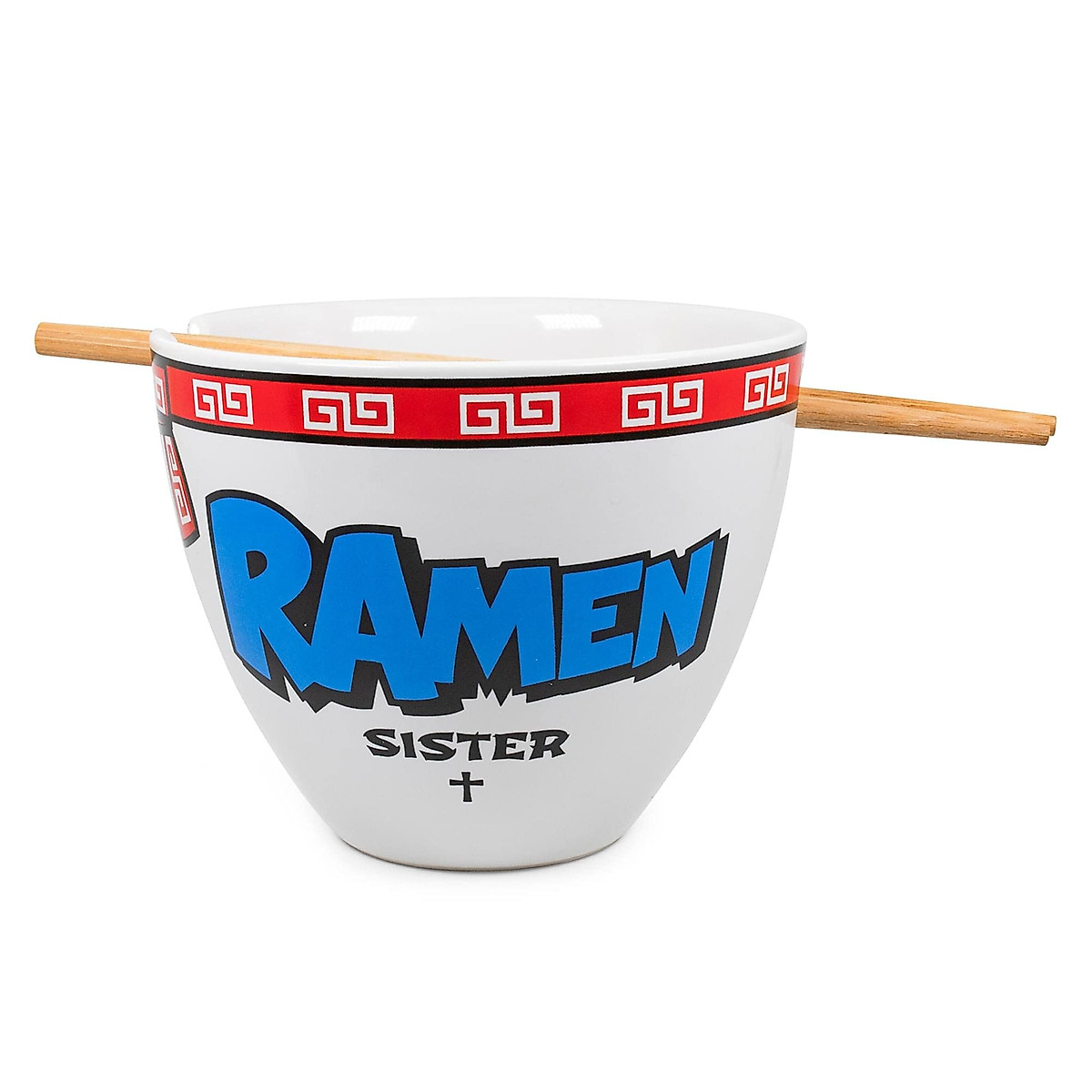 Boom Trendz Bowl Bop Ramen Sister Nun Japanese Ceramic Dinnerware Set | Includes 16-Ounce Noodle and Wooden Chopsticks Asian Food Dish For Home & Kitchen Funny Religious Gift, Snack Collectible, Red