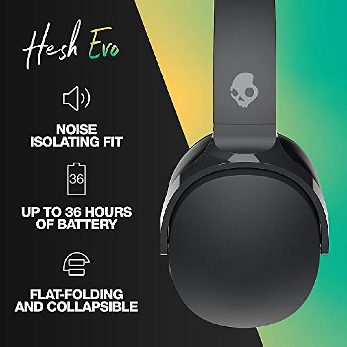 Skullcandy Hesh Evo Wireless Headphones with Charging Cable, 36 Hr Battery, Microphone, Works with iPhone Android and Bluetooth Devices - True Black