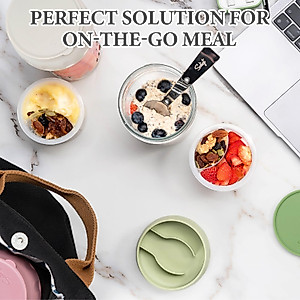 SOLIGT 4 Pack Overnight Oats Containers with Lids, Folding Spoons and Divided Compartments for Fruit & Nuts, Small Glass 16oz Mason Jars for Oatmeal (4 Set-Oat White/Green/Rose/Blue)