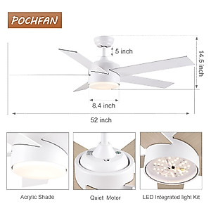 POCHFAN 52 inch White Ceiling Fans with Lights and Remote, Wooden 5 Blades LED Modern Ceiling Fan for Bedroom, Living Room, Dining Room, 3 CCT 6-Speed Quiet Reversible