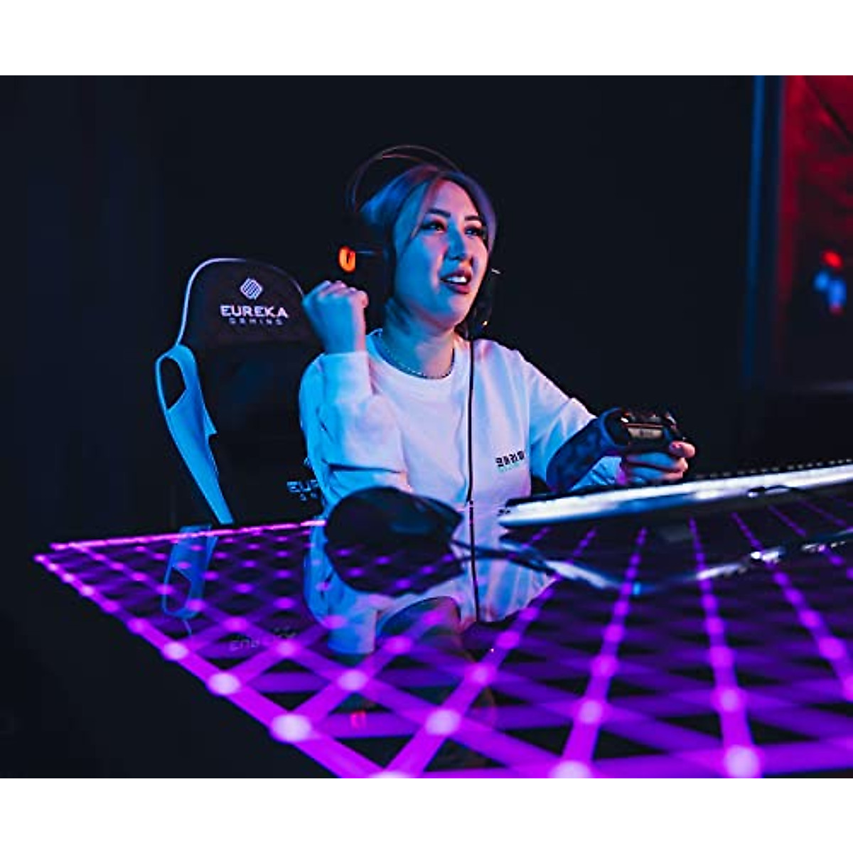 EUREKA ERGONOMIC RGB LED Gaming Desk, Music Sync Lights Up Tempered Glass Desktop, 55" GTG I55 Computer Table W Controller Rack 4 USB Charging Ports School Student Gift for Home Office, APP Control