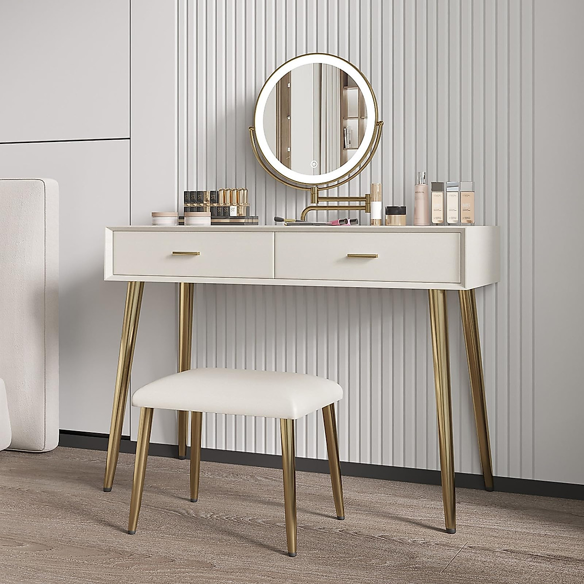 HIMAmonkey Vanity Desk Set with 360° Rotating Mirror and Lights, Small Makeup Vanity with Microfiber Leather, Vanity Table with 2 Drawers, Stool, 3 Lighting Modes - 31.5in Beige