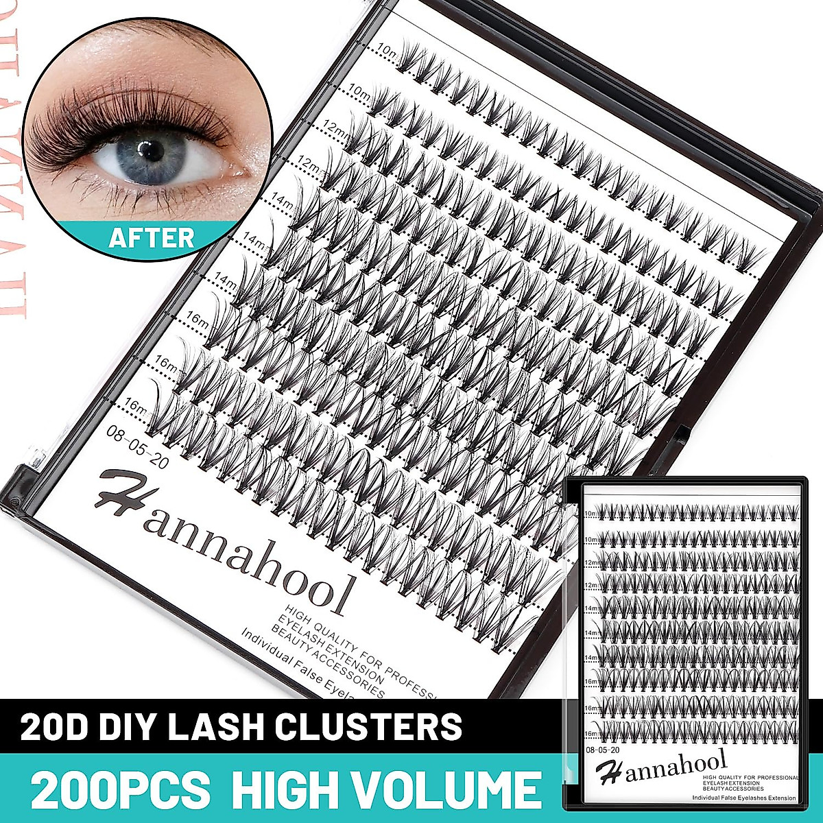 Hannahool 200Pcs 20Roots Individual False Lashes Mixed 8-10-12-14mm/9-11-13-15mm/10-12-14-16mm/16-18mm/18-20mm 0.07 Thickness Natural Cluster Lashes Makeup Volume Eye Lashes Extensions (10-12-14-16mm)
