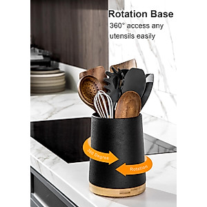 Nucookery 360° Rotating Utensils Holder, 8.2" Extra High Large Ceramic Kitchen Utensil Holder with Countertop-Protection Cork Bottom, Farmhouse Kitchen Decor for Counter (Stone Black)