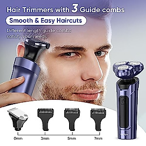 Electric Razor for Men, 2023 Men's Electric Shavers Rotary, LED Display-IPX7 Waterproof-Rechargeable, Electric Shaver for Men Cordless 5 in 1-3D Floating Head Replaceable Blades-Gifts for Men, Purple