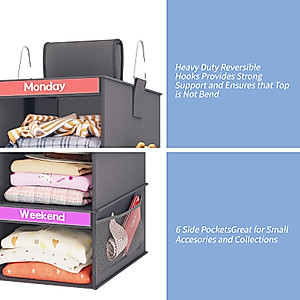 Fixwal 6-Shelf Weekly Clothes Organizer for Kids, Kids Daily Shelf Hanging Closet Organizer with 6 Side Pockets, Days of The Week Hanging Storage Shelves (Dark Grey)
