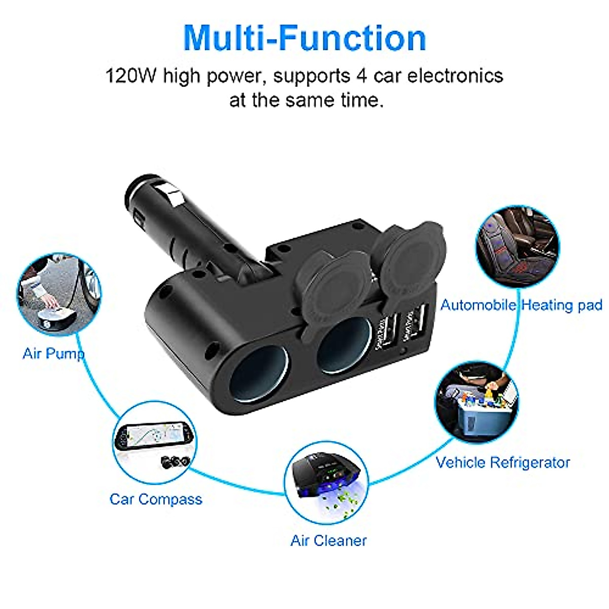 Rocketek 2-Socket Car Splitter Cigarette Lighter Adapter 4 in 1 Multi Power Outlet 12/24V 90W with 3.1A 2 USB Car Charger Adapter, Cigarette Lighter Splitter Adapter for iPhone Pad Phone Tablet GPS