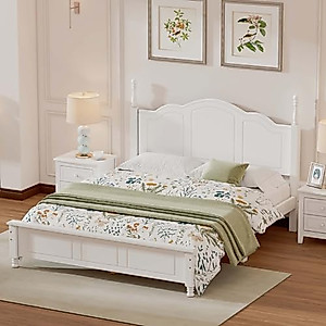 Queen Size Classic Wood Platform Bed Frame with Headboard, Solid Wood Foundation / No Box Spring Needed / Wood Slat Support / Easy Assembly for Family Bedroom Apartment Boys Girls Room (White, Queen)