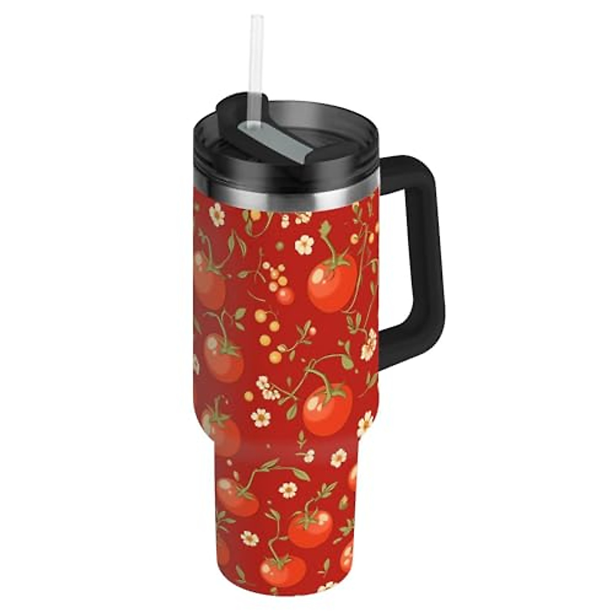 linqin Cartoon Red Tomato Vacuum Tumbler Insulated with Straw Lid 30 oz Kids Water Bottles Wide Mouth Travel Coffee Mug with Handle for Water, Iced Tea or Coffee