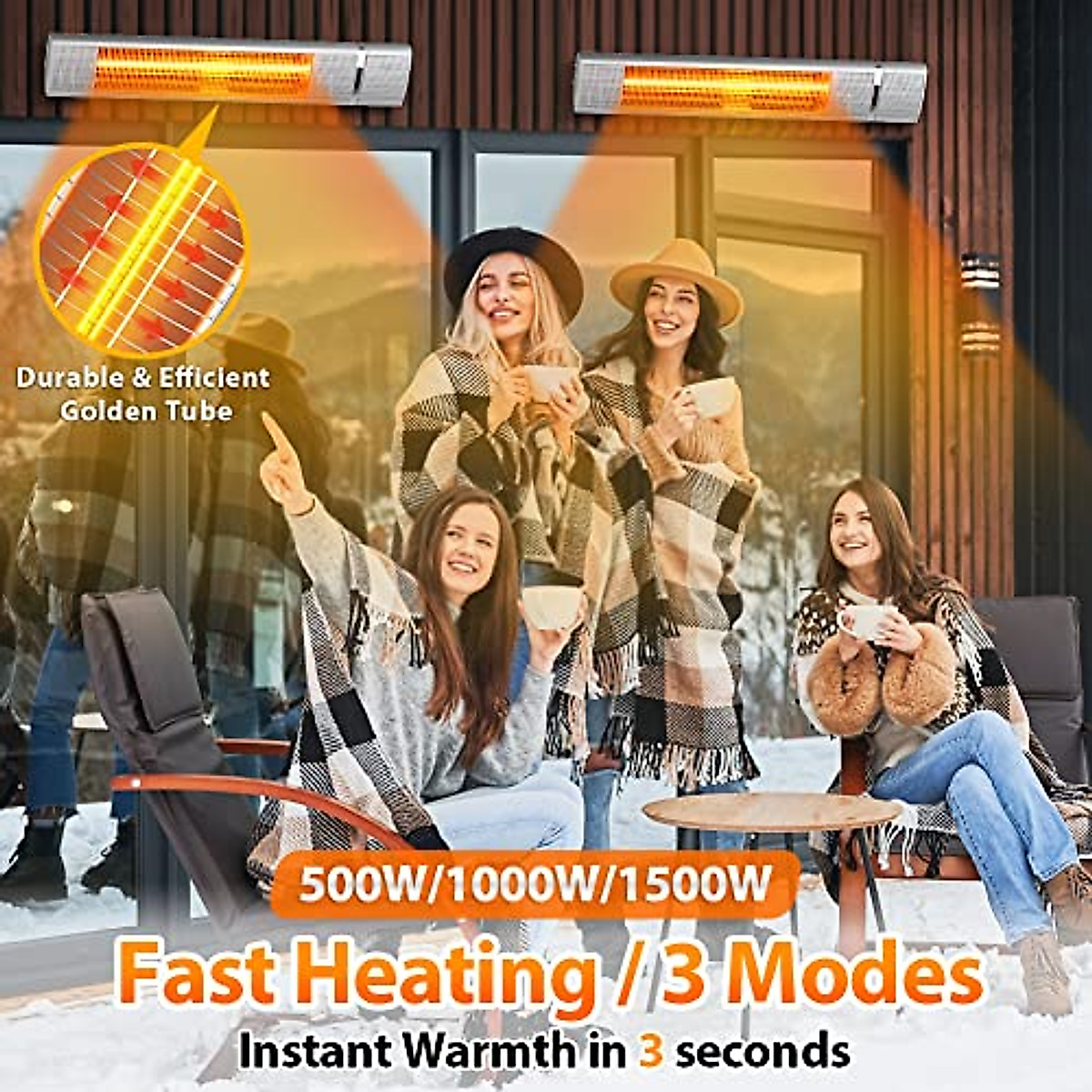 Electric Patio Heater, 1500W Outdoor Heater with 3 Power Settings, Remote Control, Outdoor/Indoor Wall-Mounted Infrared Heater with Fast Heating and Overheat Protection for Large Room, Garage