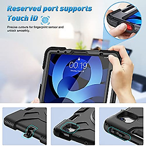 SUPFIVES Case for iPad Air 5th Generation 10.9 Inch 2022: Military Grade Silicone Protective Cover for iPad Air 4th Gen/iPad Pro 11 with Pencil Holder+ Rotating Stand+ Handle+ Shoulder Strap(Black)