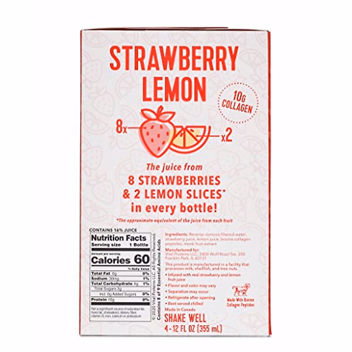 Vital Proteins Collagen Water™, 10g of Collagen per Bottle & Made with Real Fruit Juice - Strawberry Lemon, 4 Pack