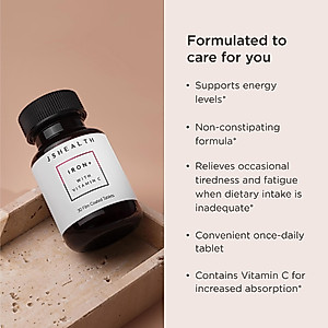 JSHealth Vitamins Iron+ Supplement for Energy Support - Iron Deficiency Pills with Vitamin C and Vitamin B12 - No Nausea or Constipation - (30 Tablets)