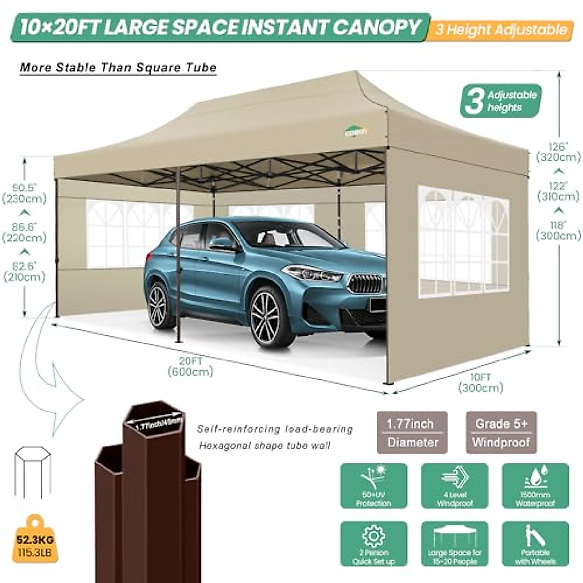 COBIZI Heavy Duty 10x20 Pop up Canopy Tent with 6 Sidewalls, Commercial Instant Canopies Tents for Parties Waterproof Gazebos with Roller Bag, All Season Wind & Waterproof UPF50+,Thickened Frame