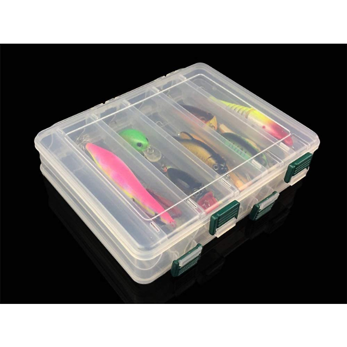 LESOVI Double Sided Fishing Tackle Box 14 Compartments Visible Hard Plastic Clear Fishing Lure Bait Squid Jig Minnows Hooks Accessory Storage Case Container