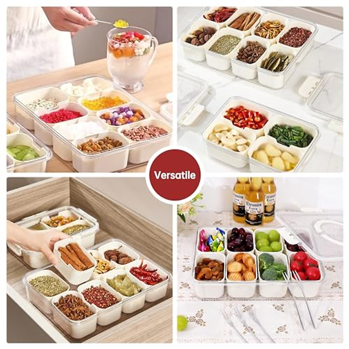 ALEXPRE 2 Pack Divided Serving Tray with Lid, Snack Box, Portable Snack Platters Organizer, Charcuterie Container with 8 Compartments & 5 Forks, Food Storage Containers, Keep Your Candy, Chips Fresh.