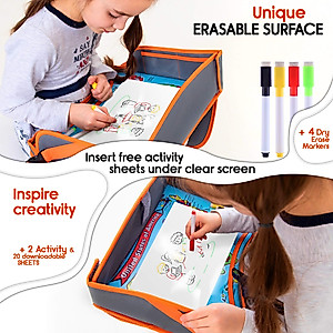 ECOFANTASY 2 PK Kids Travel Tray w/Dry Erase Top - Car Seat Travel Tray Table for Toddler - Travel and Road Trip Essentials Kids - Car Lap Desk with Storage
