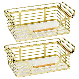 mDesign Metal Wire Wide Under Shelf Storage Baskets for Kitchen Pantry, Closet, Hanging Pull Out Shelving Bin, Sliding Hanger Rack for Bread, Canned Goods, Food, 2 Pack, Soft Brass/Natural