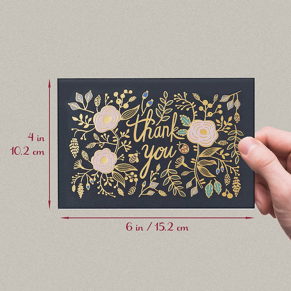 Prims & Flourish Thank You Cards with Envelopes, 24-Count Thank You Notes, Gold Foil Floral Designs, 4 x 6 Inches, Blank Inside Thank You Cards Bulk for Weddings, Bridal Showers, Baby Showers