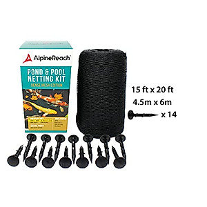 AlpineReach Koi Pond Netting Kit 15 x 20 ft Black Heavy Duty Woven Fine Mesh Net Cover for Leaves - Protects Koi Fish from Blue Heron Birds, Cats & Predators – Reusable & Stakes Included